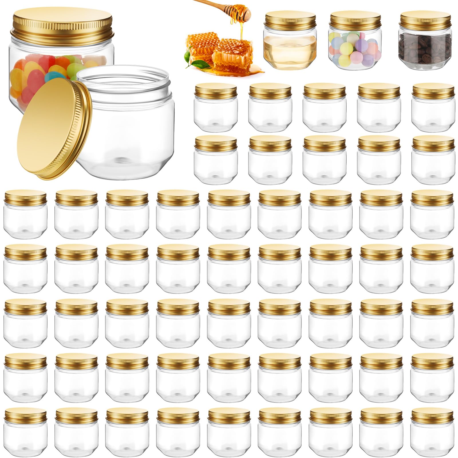 Tanlade 60 Pcs 3 oz Clear Plastic Jars with Lids Wide Mouth Mason Jars Mini Storage Containers Bulk for Herb Jelly Wedding Valentine Favors Shower Party Favors(Gold)