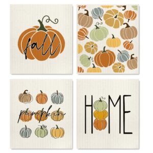 anydesign fall pumpkin swedish dishcloth sweet home autumn kitchen cotton dish towel reusable washable pumpkin absorbent dish cloth for housewarming counter cleaning, 4pcs, 7 x 8 inch