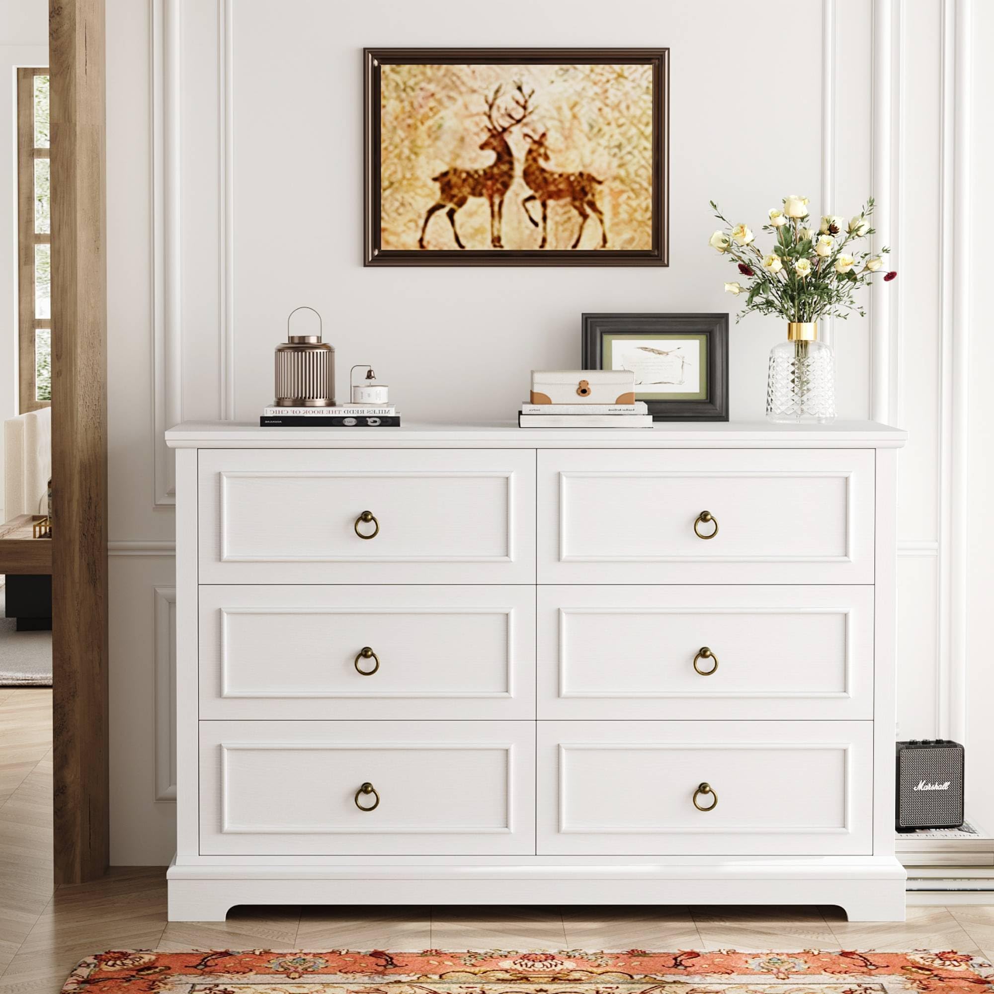 HOSTACK 6 Drawers Dresser, White Chest of Drawers, Wide Wood Double Dressers, Modern Farmhouse Storage Dresser for Living Room, Entryway, Hallway