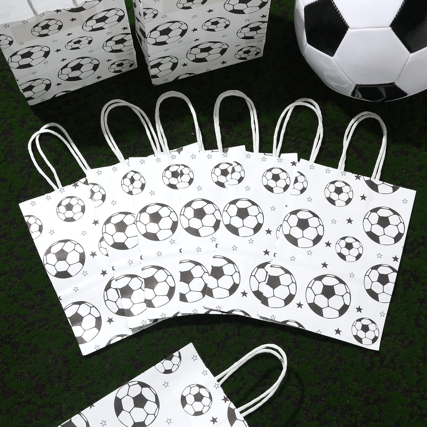 16pcs Soccer Party Favor Paper Bags, White Football Gift Bag Football Themed Party Bags with Handles Soccer Goodie Bags Treat Candy Bags for Kids Adults Soccer Party Supplies