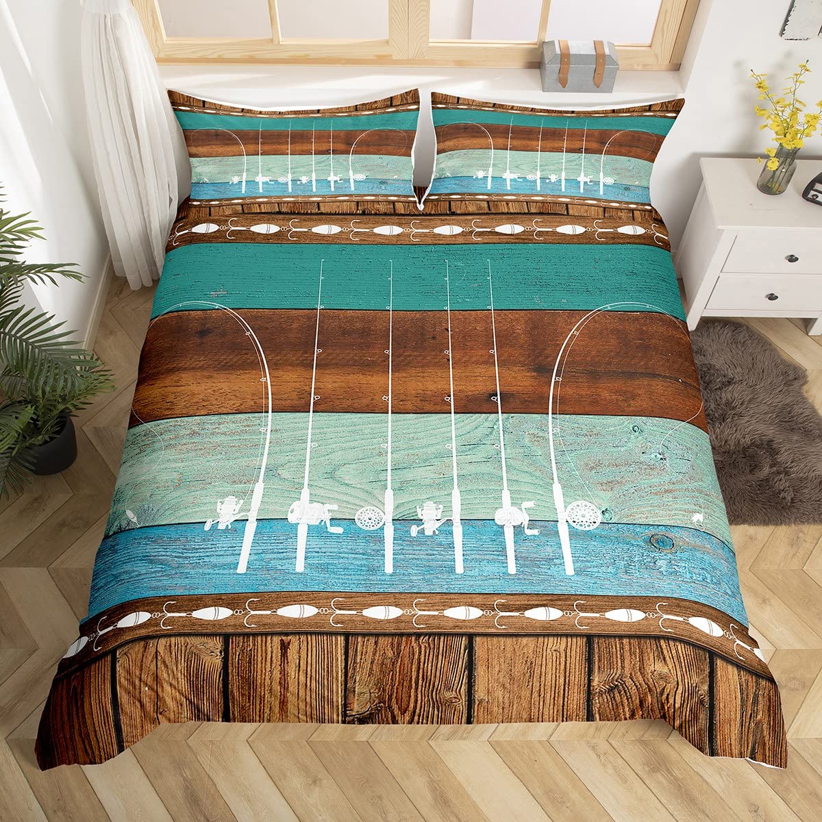 Go Fishing Bedding Set Fishing Line Fish Comforter Cover Fishing Gifts for Men,Rustic Wooden Plank Duvet Cover Fishings Rods Bed Sets Full,Fish Fancier Room Decor Dad Gift for Fathers Day,Brown Blue