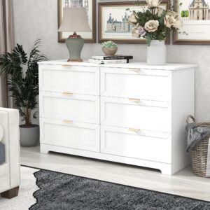 uyihome 6 drawer dresser for bedroom, modern long dresser chest with large drawer, wooden chest of dresser storage cabinet organizer unit for living room, cloakroom, entryway, hallyway, white