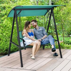 Tangkula 2-Person Patio Swing, Weather Resistant Porch Swing with Adjustable Canopy, Steel Frame, Outdoor Modern Canopy Swing with Handrails, Suitable for Porch Garden Poolside (Green)