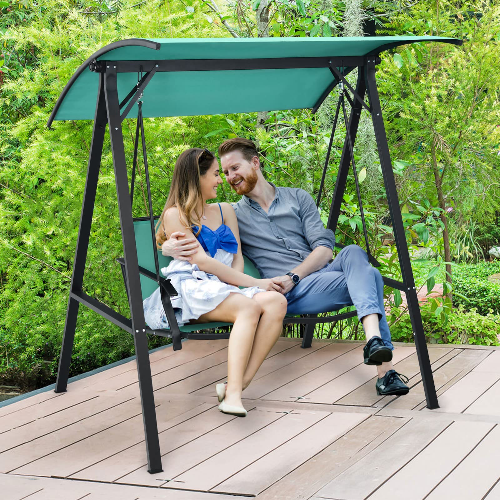 Tangkula 2-Person Patio Swing, Weather Resistant Porch Swing with Adjustable Canopy, Steel Frame, Outdoor Modern Canopy Swing with Handrails, Suitable for Porch Garden Poolside (Green)