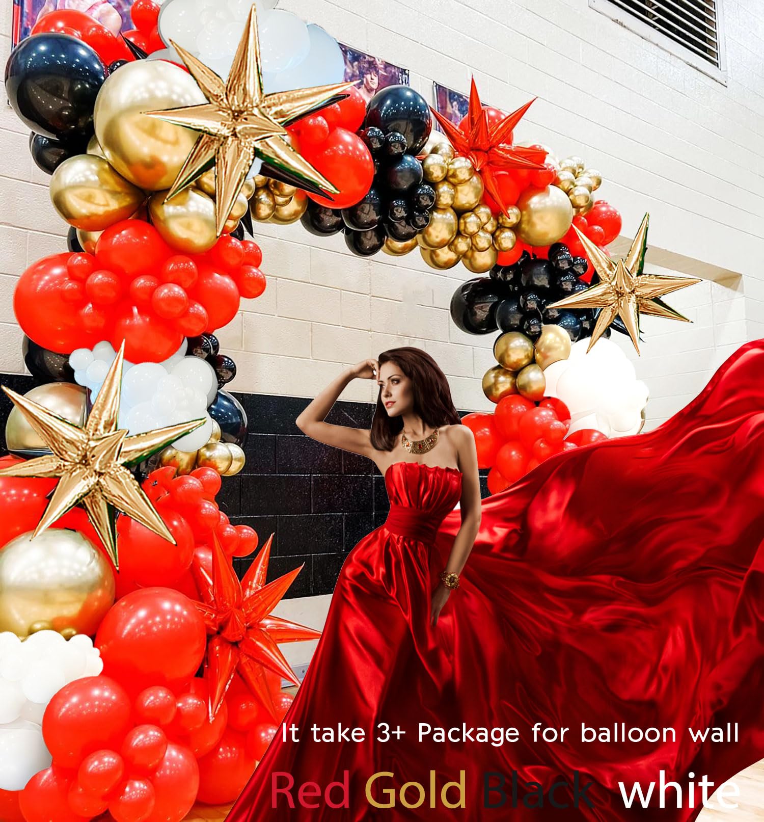 Kozee Black Red Gold White Balloon Garland kit 146Pcs and Mylar starburst balloons for Birthday Party 2024 New Year eve movie night graduation prom casino Decorations