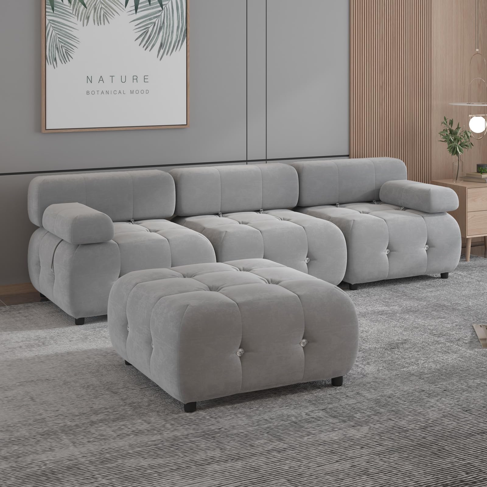 CECER 103" W Convertible Modular Sectional Sofa, L-Shaped Minimalist Velvet Sofas Couch, Luxury Modern 4-Seater Bubble Sofa with Ottoman for Living Room/Office/Apartment-Light Grey