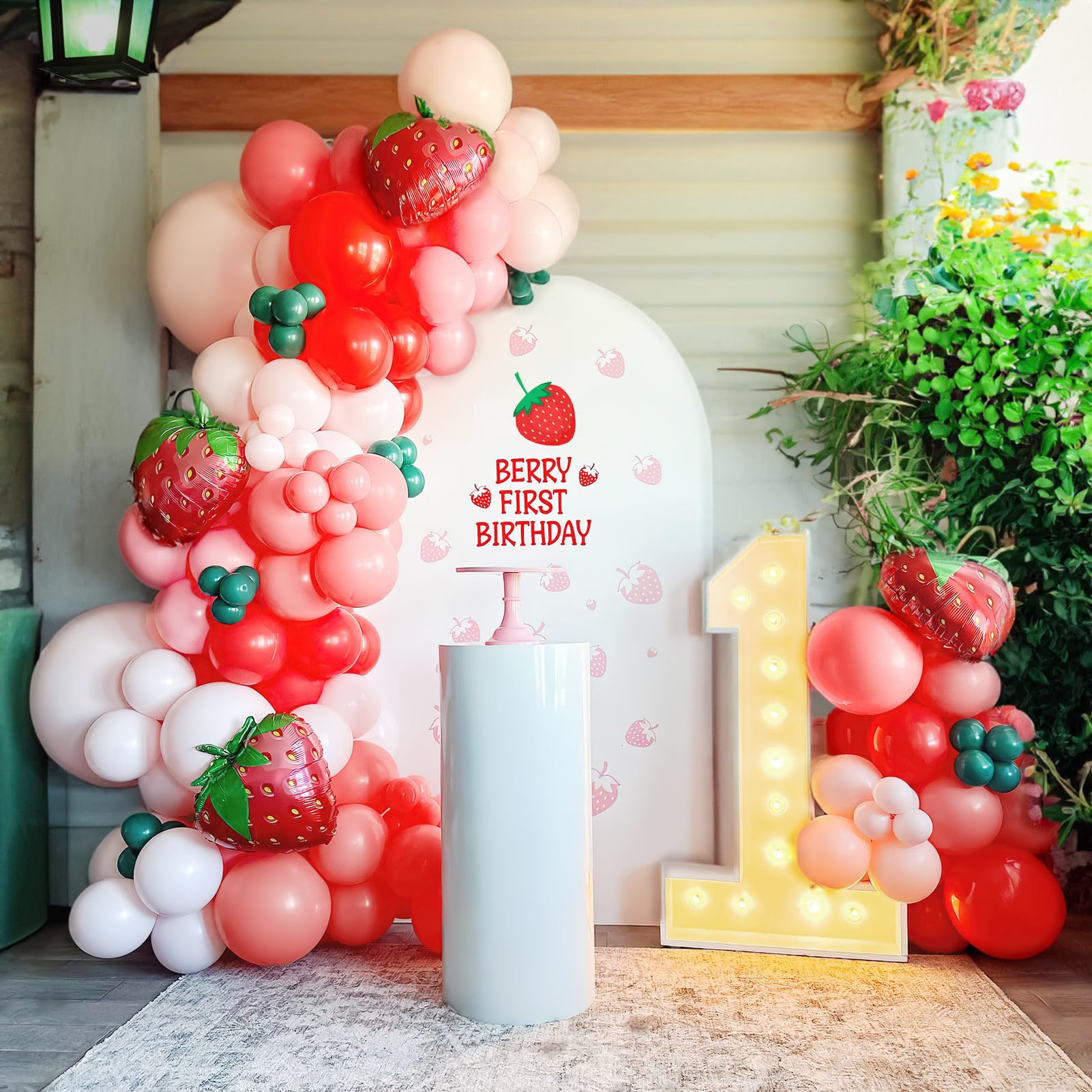 Red Pink Green Strawberry Balloon garland arch kit 130pcs with large mylar berry balloon for Sweet One baby girl fruit theme Berry first 1st Birthday Party Decorations