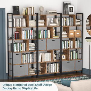 74 Inch Tall Bookshelf, 6 Tier Bookcase with Drawers, Modern Book Shelf Display Standing Shelf Units with Storage, Wood and Metal Bookshelves for Living Room, Bedroom, Home Office, Rustic Brown