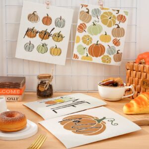 AnyDesign Fall Pumpkin Swedish Dishcloth Sweet Home Autumn Kitchen Cotton Dish Towel Reusable Washable Pumpkin Absorbent Dish Cloth for Housewarming Counter Cleaning, 4Pcs, 7 x 8 Inch