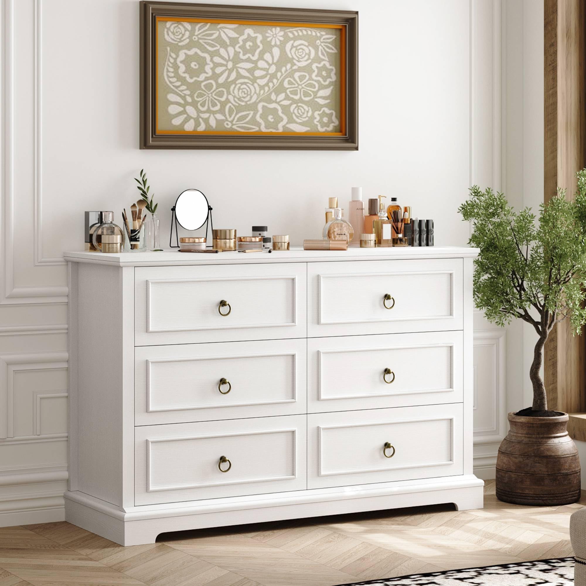 HOSTACK 6 Drawers Dresser, White Chest of Drawers, Wide Wood Double Dressers, Modern Farmhouse Storage Dresser for Living Room, Entryway, Hallway