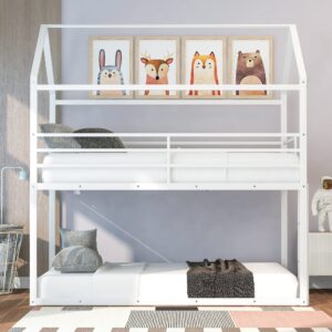 LostCat Twin Over Twin Metal Bunk Bed, House Low Bunk Bed Frame w/Safety Guardrail & Ladder, No Box Spring Needed, SEasy to Install, for Kids, Teens, Girls, Boys, White