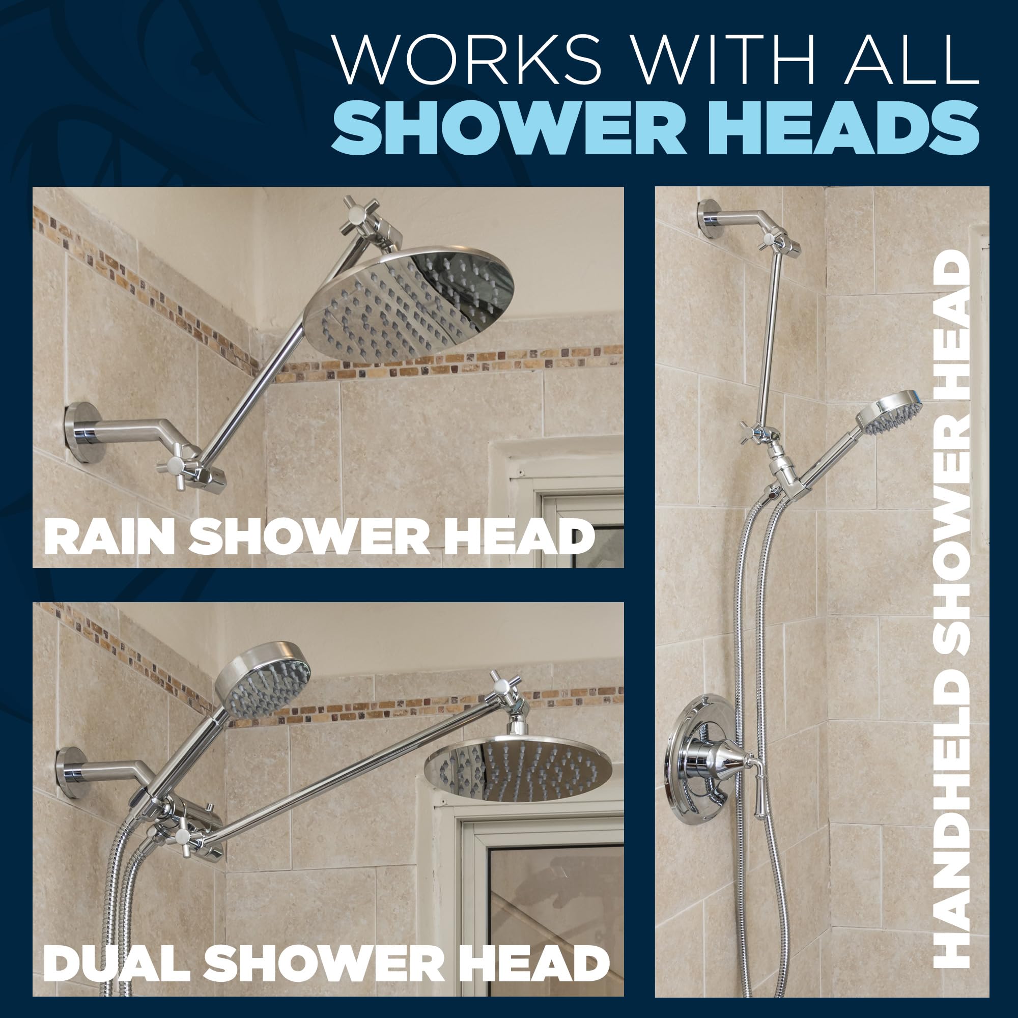 HammerHead Showers® ALL METAL 12 Inch Shower Head Extension Arm - Adjustable Shower Arm Extension Raises Showerhead Height - Shower Extender Arm Supports up to 10lbs — Chrome