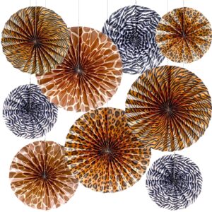 outus 9 pcs animal print hanging paper fans decorations safari theme paper fan classroom decoration jungle animal ceiling wall garland for wild zoo animal baby shower birthday party supplies decor