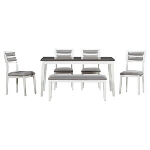 ERYE FANYE Classic Wooden 6-Piece Upholstered Dining Furniture Sets Include 1 Table, 4 Chairs with Soft Cushions and Padded Bench for Home Apartment Kitchen & Dining Room,White+Gray