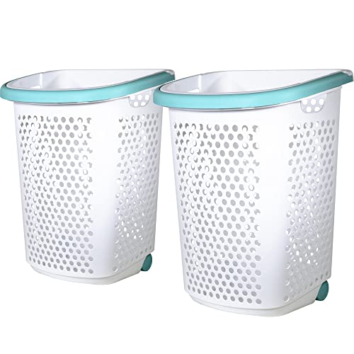 CEPTEN 2 Bushel Rolling Plastic Laundry Hamper with Pop-up Handle, White, 2 Pack