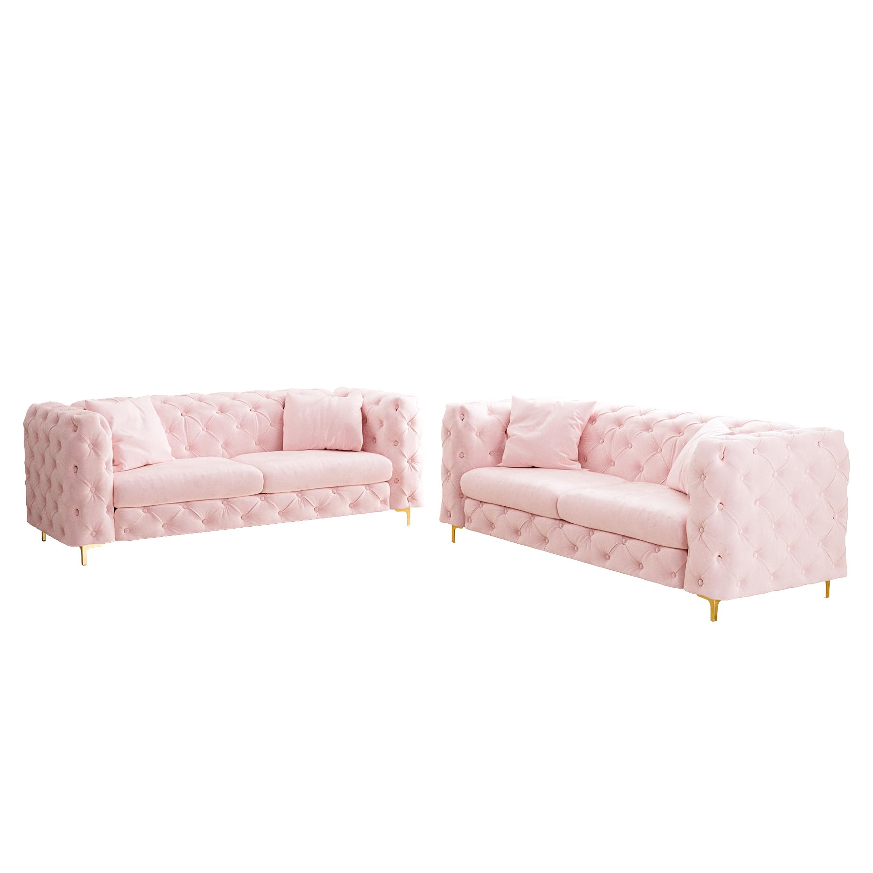 DAMAIFROM 75 Inch Sofa Couch Set of 2, Modern Upholstered Couch Tufted Velvet Sofa High Arm and Metal Gold Legs Decor with 2 Piilows Big Comfy Couch for Living Room, Pink