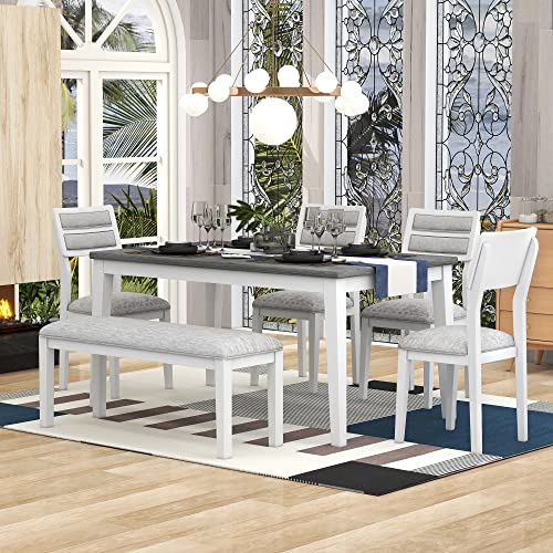 ERYE FANYE Classic Wooden 6-Piece Upholstered Dining Furniture Sets Include 1 Table, 4 Chairs with Soft Cushions and Padded Bench for Home Apartment Kitchen & Dining Room,White+Gray