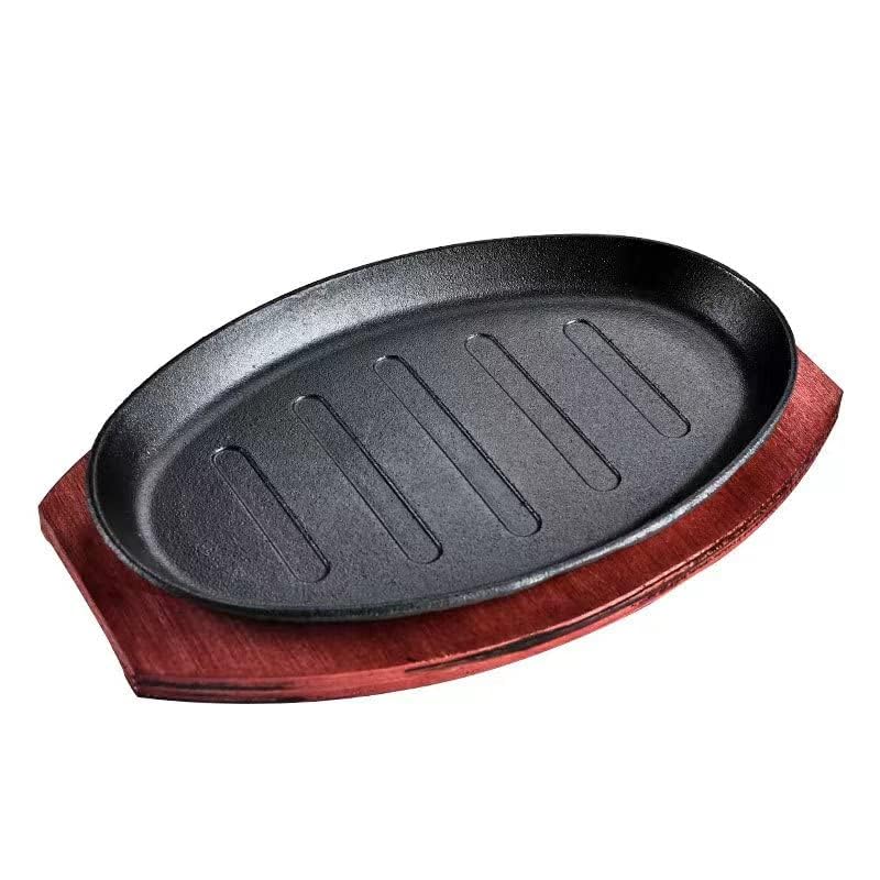 YYJINGYOU Cast Iron Steak Fajita Plate Set with wood Plate for Steak Pizza,Ellipse Groove (8 inch)