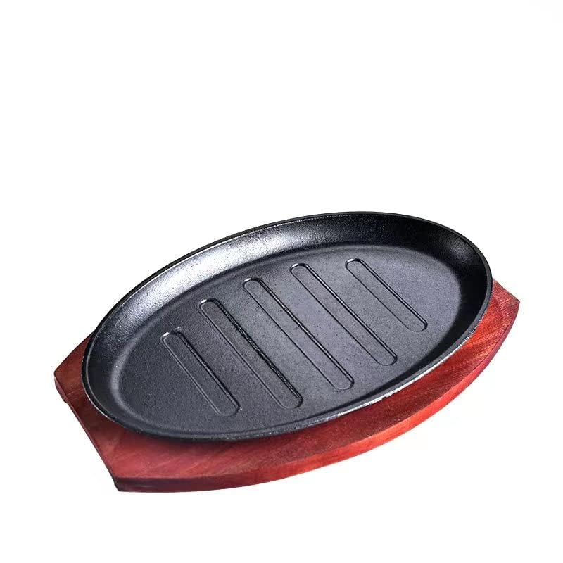 YYJINGYOU Cast Iron Steak Fajita Plate Set with wood Plate for Steak Pizza,Ellipse Groove (8 inch)