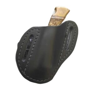 leather left hand pocket knife sheath fits buck 110 and 112 knife, folding pancake style knife holder, black