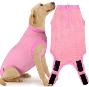 wabdhally dog surgery recovery suit,surgical suit for large female spay,soft combed cotton,watermelon pink striped zipper onesie xl