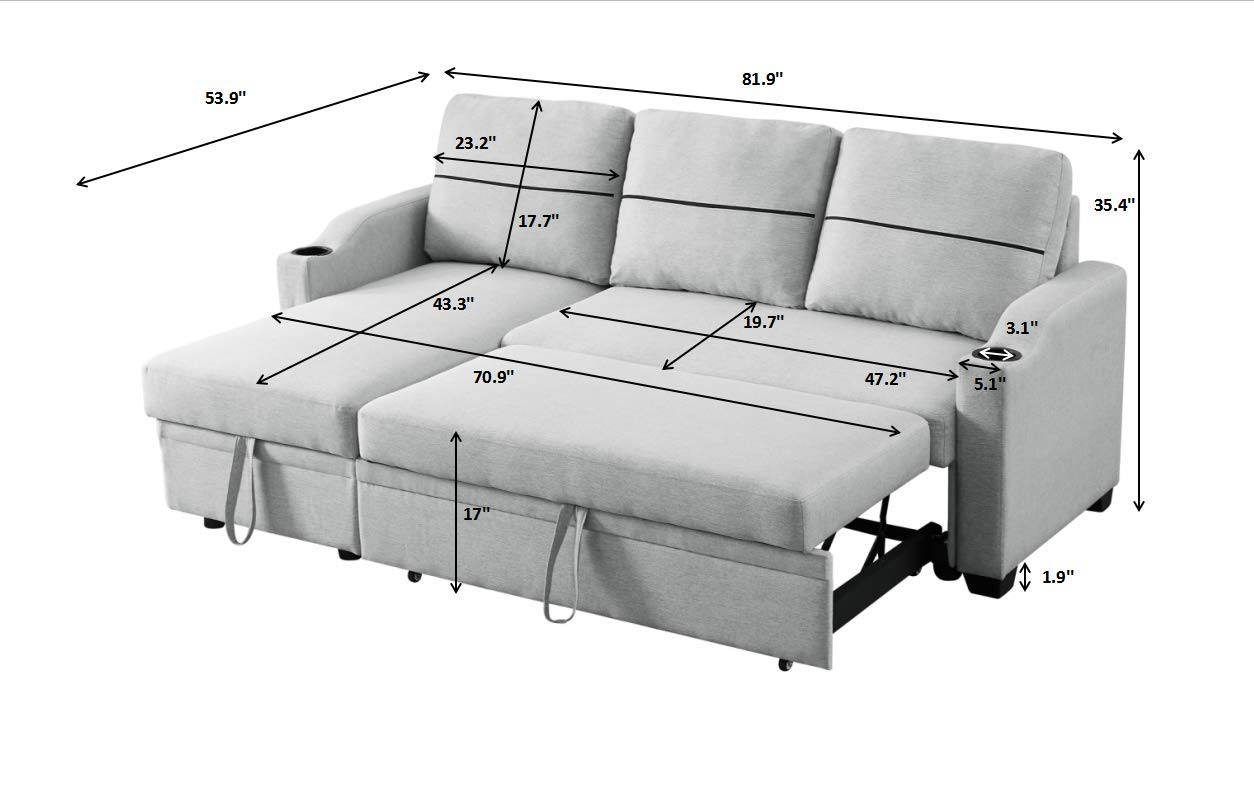 Eafurn Convertible Sectional Sleeper Pull Out Bed, 3-Seater L-Shaped Storage Chaise and 2 Cup Holders, Linen Fabric Upholstered Corner Sofa & Couches for Living Room, Gray 81"