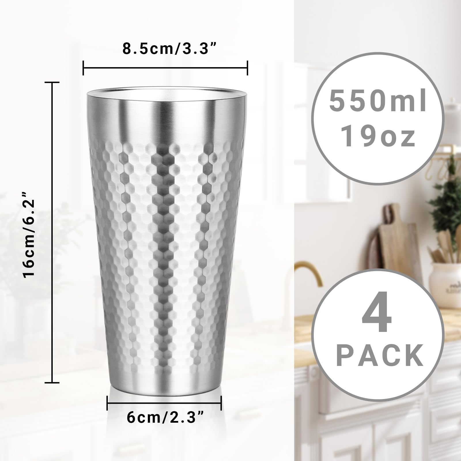 Offiper Metal Cup, 19 oz Insulated Tumbler, 4 Pack Double Wall Unbreakable Stackable Water Tumblers Premium Insulated Stainless Steel Cups Drinking Glasses for Home Travel Camping Outdoor