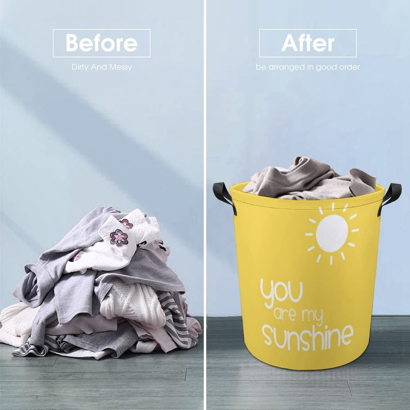 Large Laundry Hamper, Bag, You Are My Sunshine Yellow Waterproof Dirty Clothes Laundry Basket Collapsible Washing Bin with Handles for College Dorm, Family Essentials