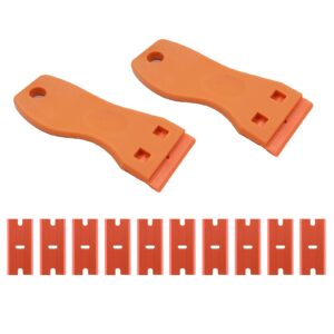 plastic razor blade scraper - 2 pcs sticker scraper tool and 20 pcs double edged plastic blades, protable cleaning scraper remover for decals, adhesive, labels, paint (orange)