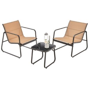 tangkula 3 pieces patio conversation set, outdoor metal chair & table set, breathable fabric & tempered glass tabletop, metal frame furniture set for backyard, poolside