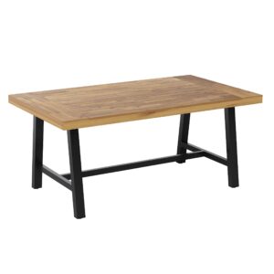 flash furniture rafe commercial grade acacia wood dining table with metal base, indoor/outdoor rectangle patio table with plank style table top, natural/black