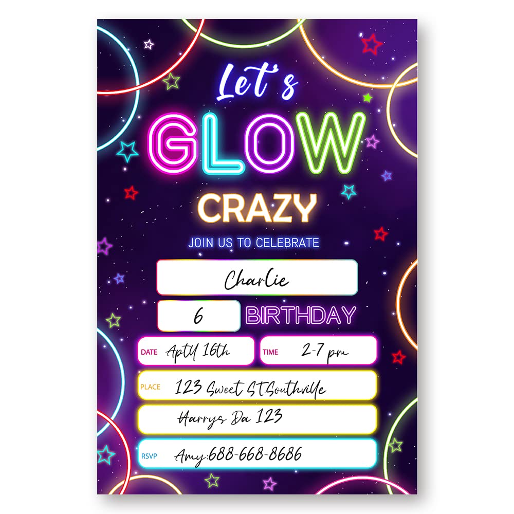 LoaHak Glow Birthday Invitation, Neon Glow Crazy Birthday Invitations, Glow Birthday Party Invitations, Glow Neon Party Favors Neon Party Invites Cards. (065)