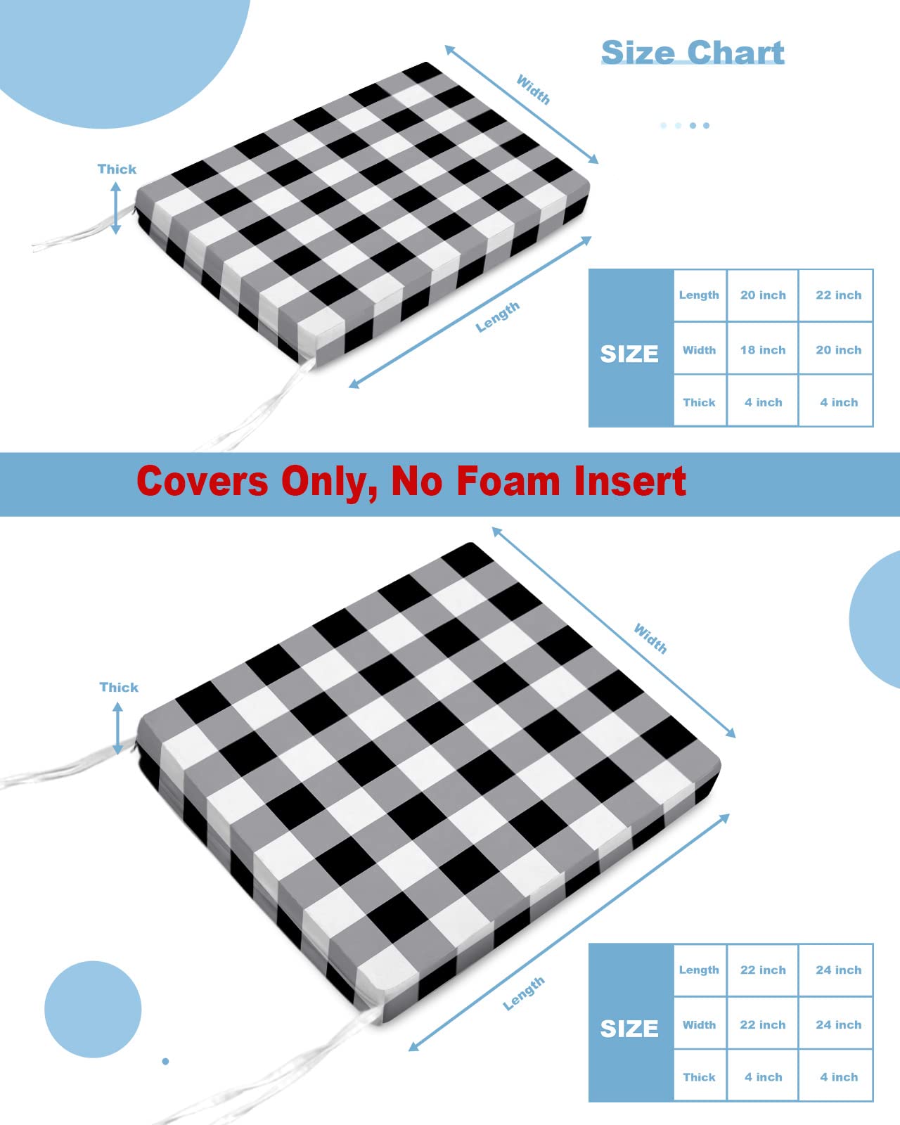 ZFUNCING 2 Pack Waterproof Patio Cushion Cover for Outdoor,Rustic Farmhouse Buffalo Check Plaid Washable Replacement Covers Furniture Seat Slipcover for Couch Sofa Chair,White Black,22x20in