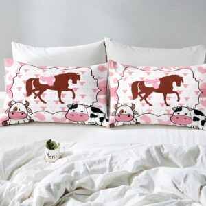 Horse Fitted Sheet Twin Size Kids Cow Print Bedding Set for Boys Girls Teens Cute Farmhouse Animal Bed Sheet Set Breathable Bed Cover Deep Pocket Pink Western Decor Room Decor