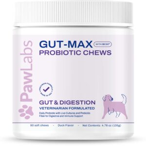 PAWLABS Gut-Max Probiotic Chews - Patented BC30™ Bacillus Coagulans - Natural, Vet Formulated Digestive & Immune Support - Relieves Diarrhea, Constipation, Bloating - Duck Flavor - 90 Soft Chews