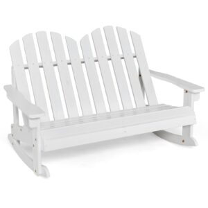 giantex 2-person adirondack rocking chair - kids outdoor rocking bench with slatted seat, high backrest, 220lbs weight capacity, patio rocker for balcony, yard, poolside (1, white)