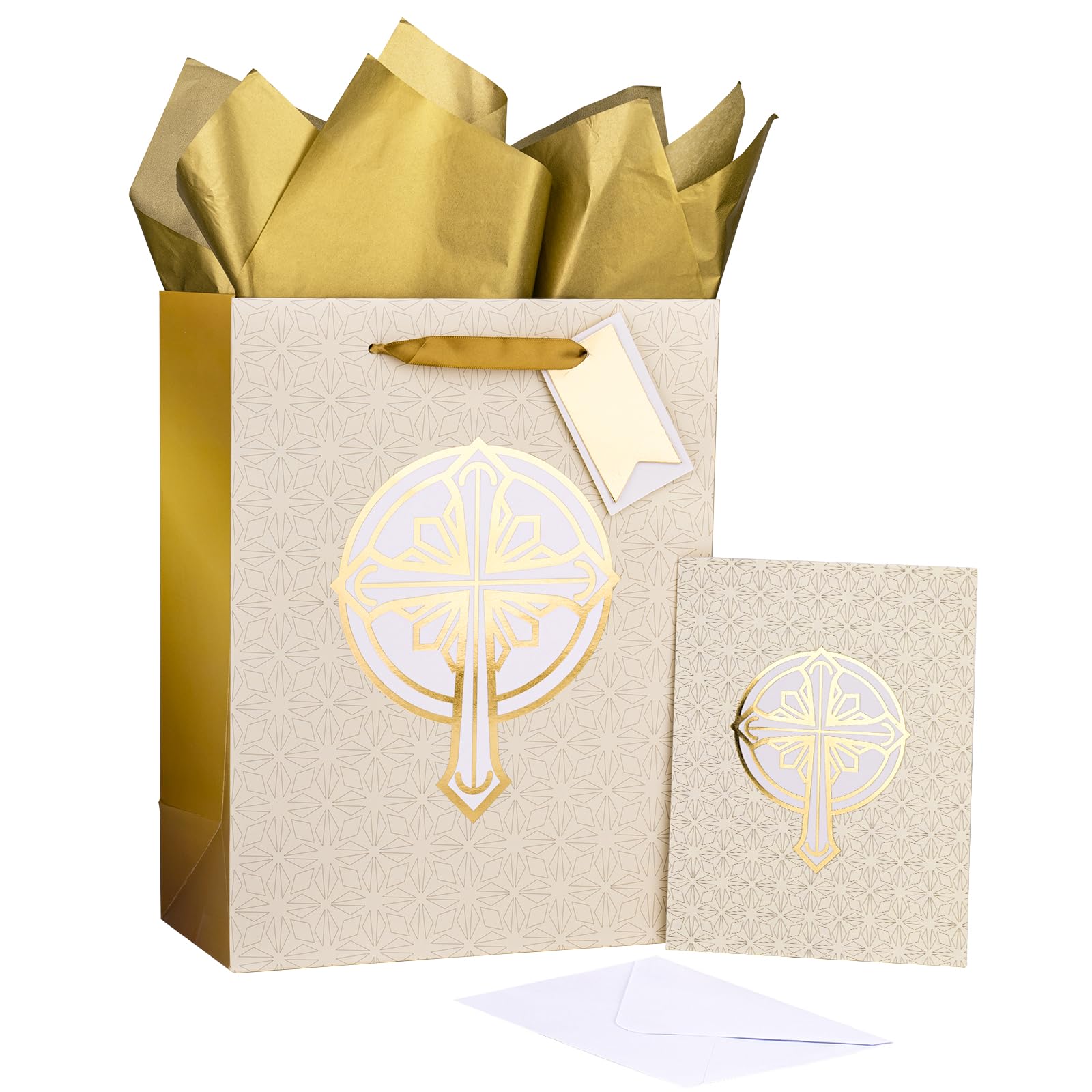 LeZakaa 13" Cross Gift Bag, Gold Christian Gift Bag with Tissue Paper, Gift Tag and Card for Christenings, Religious First Holy Communion, Confirmation, Weddings, Clergy Day