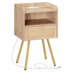 hoobro nightstand with charging station, side table with rattan-like decor drawer, rattan end table with open storage, bedside table for bedroom, study room, white oak do92ubz01