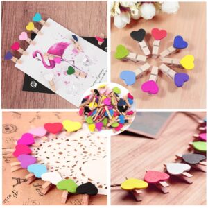 SKYPRO 50Pcs White Mini Wooden Heart Clothespins, Multicolor Small Clothespins with Heart, 3cm Heart Photo Clips, DIY Craft