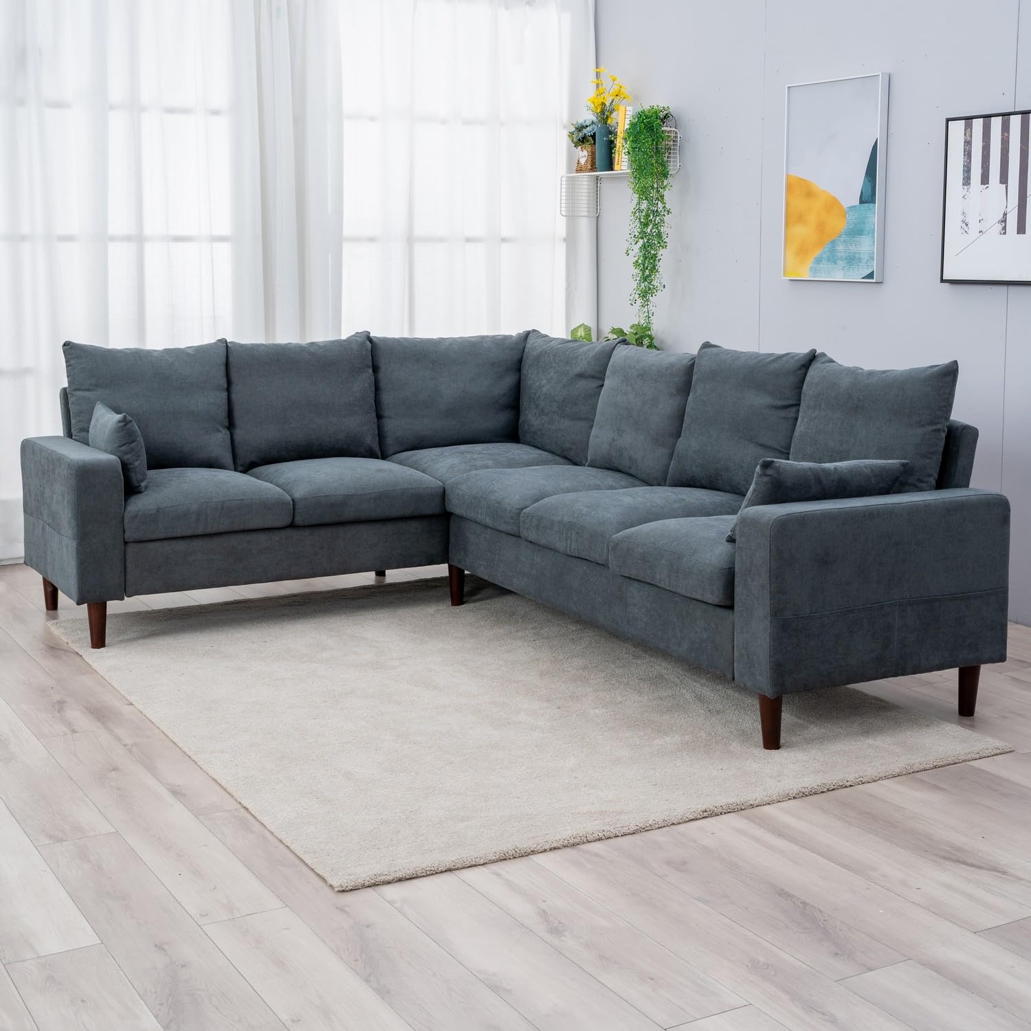 Panana 100 inches Sectional Sofa Couch for Living Room, Modern Gray Fabric L-Shaped 6 Seat Sofa Corner Couch with, Upholstered Sofa withSolid Wood Legs for Home Office