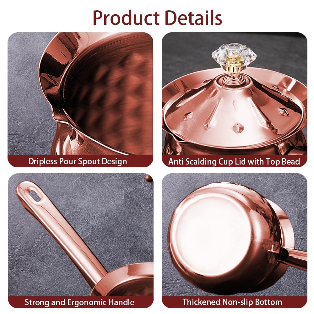 Alunsito Stainless Steel Turkish Coffee Pot for Melted Butter, Milk Steaming, Milk Frothing, Latte Art, Butter Warmer with Handle & Lid, Milk Warmer for Stove Top, Rose Gold, 200 Ml / 7 Oz