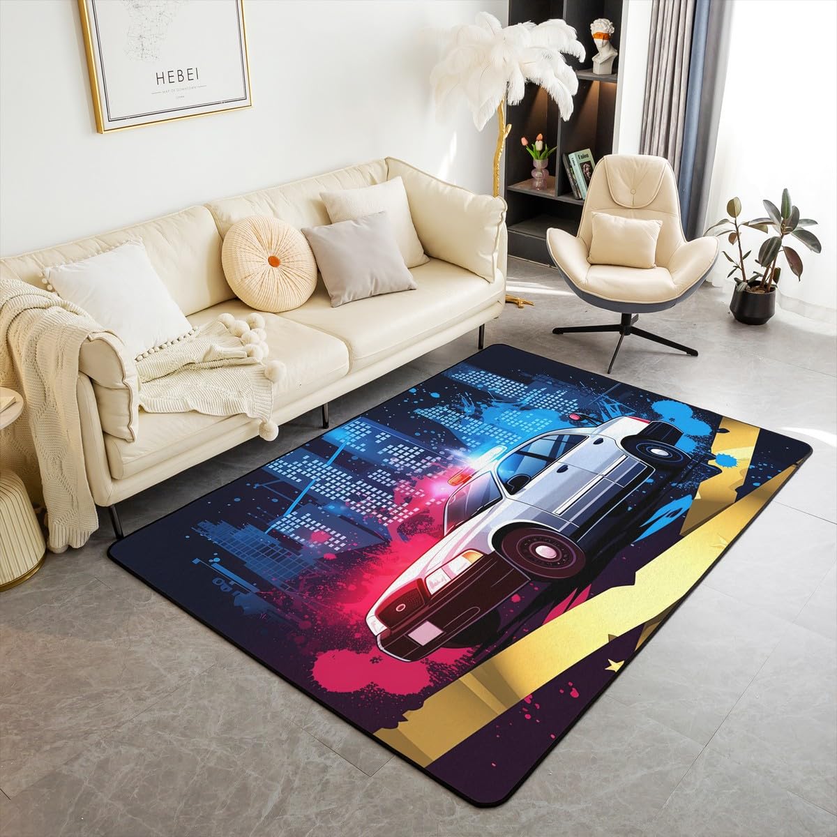 Police Car Area Rug 3x5 Cartoon Police Van Carpet for Teens Boys,Policeman Vehicle Car Accent Rug Set Red Blue Cop Lights Truck Rug Emergency Strobe Light Decor for Bedroom Playroom Living Room