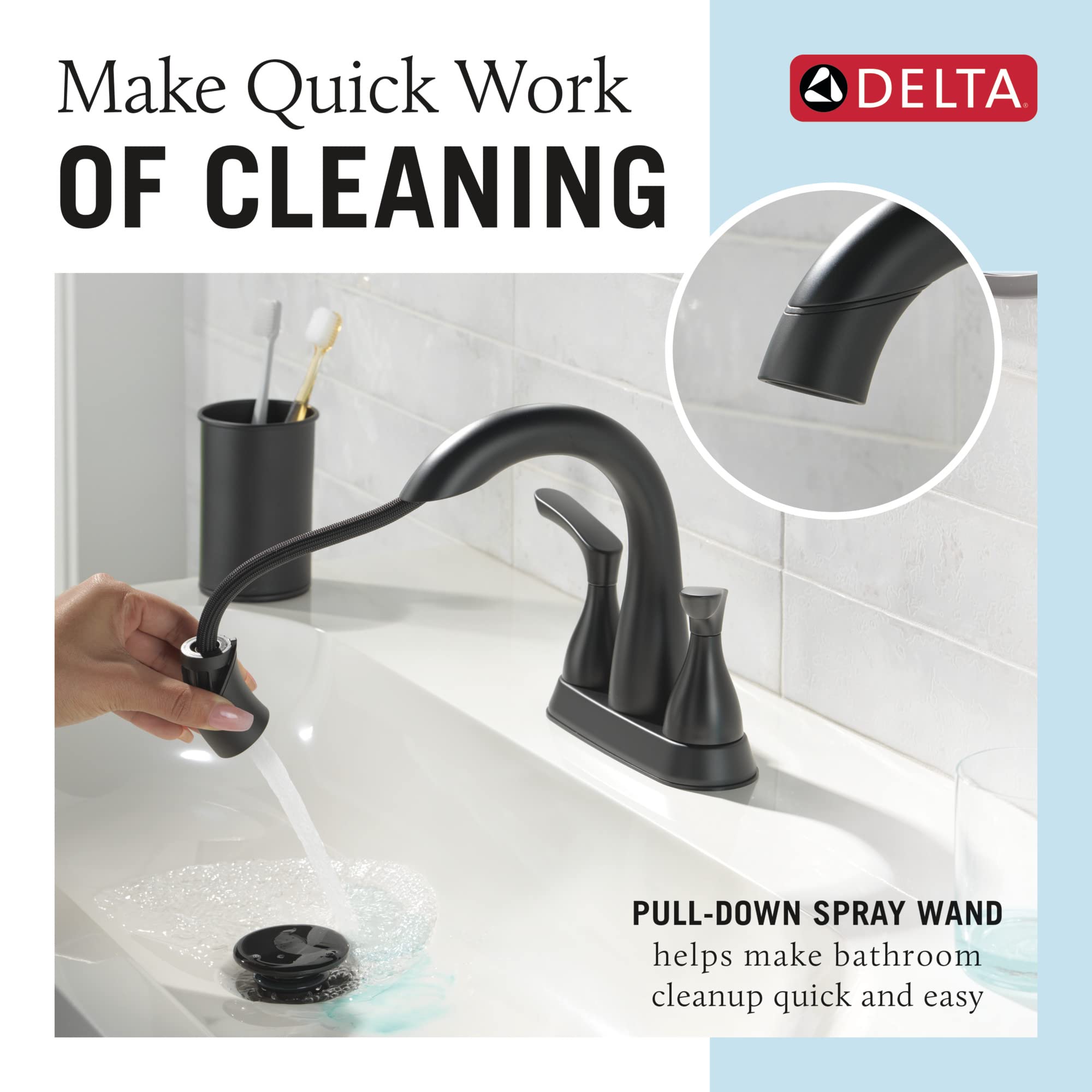 Delta Faucet Broadmoor Pull Down Bathroom Faucet Black, Bathroom Pull Out Faucet, Bathroom Sink Faucet with Pull Down Sprayer, Centerset Bathroom Faucet with Magnetic Docking, Matte Black 25765LF-BLPD