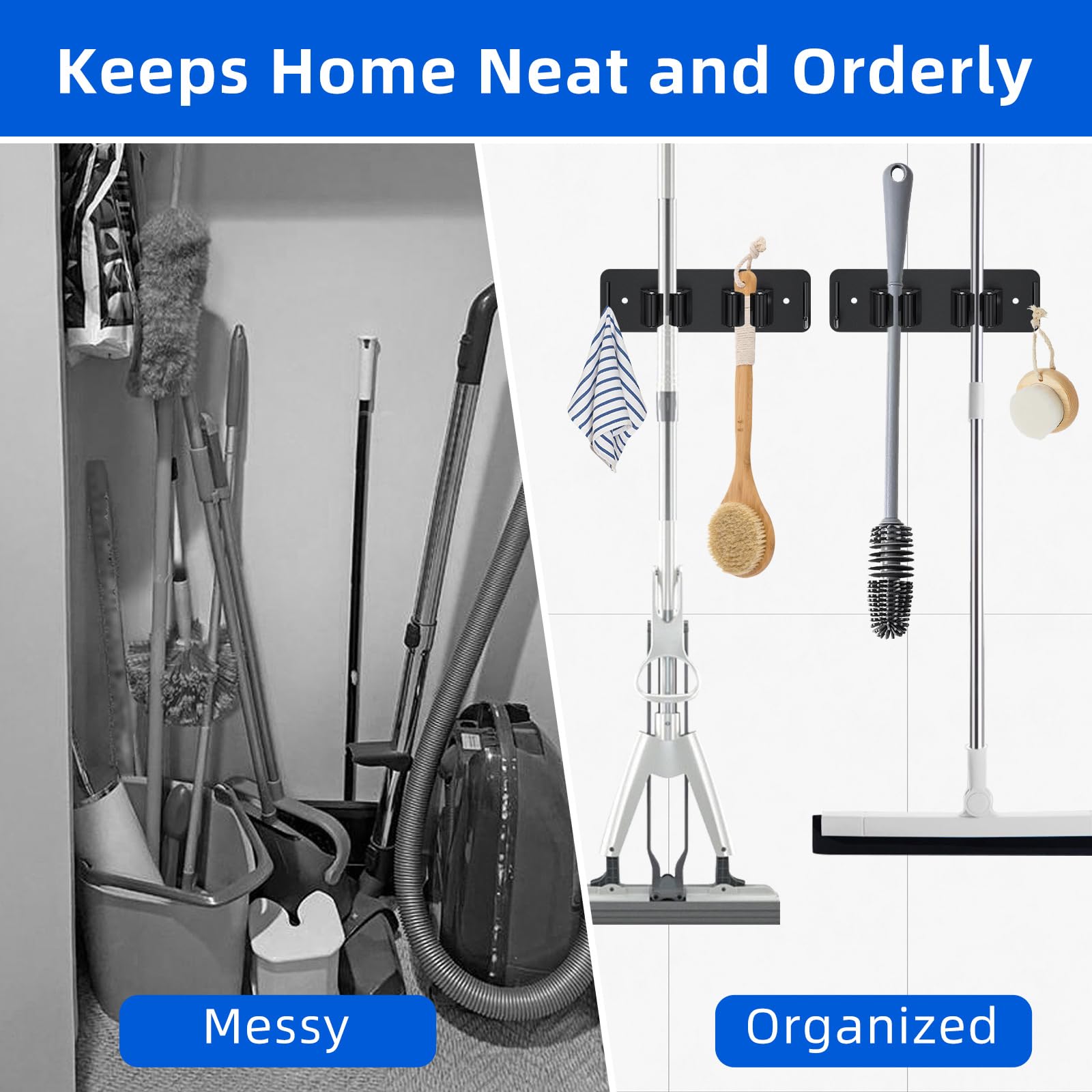 FUMAX Mop and Broom Holder Wall Mount, Heavy Duty Stainless Steel Broom Holder, Broom and Mop Organizer Wall Hanging, Kitchen Garden Tool Garage Organizers and Storage (4 Racks 4 Hooks)