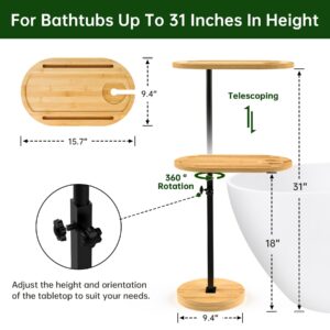 NiHome Bamboo Swivel Sofa Armrest Tray Table for Couch with Thickened Stable Non-Tipping Base, Adjustable Height TV Tray Table, Side Tray Table with 360° Rotating for Bath Tub Hot Tub Bedside Balcony