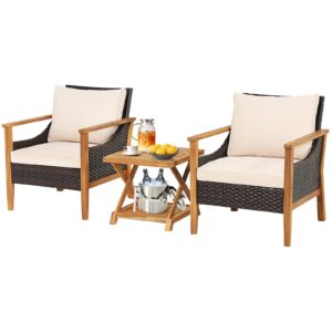 tangkula 3 pieces pe wicker patio bistro set, outdoor acacia wood conversation set with cushions and 2-tier coffee table, outdoor patio porch furniture set (natural)