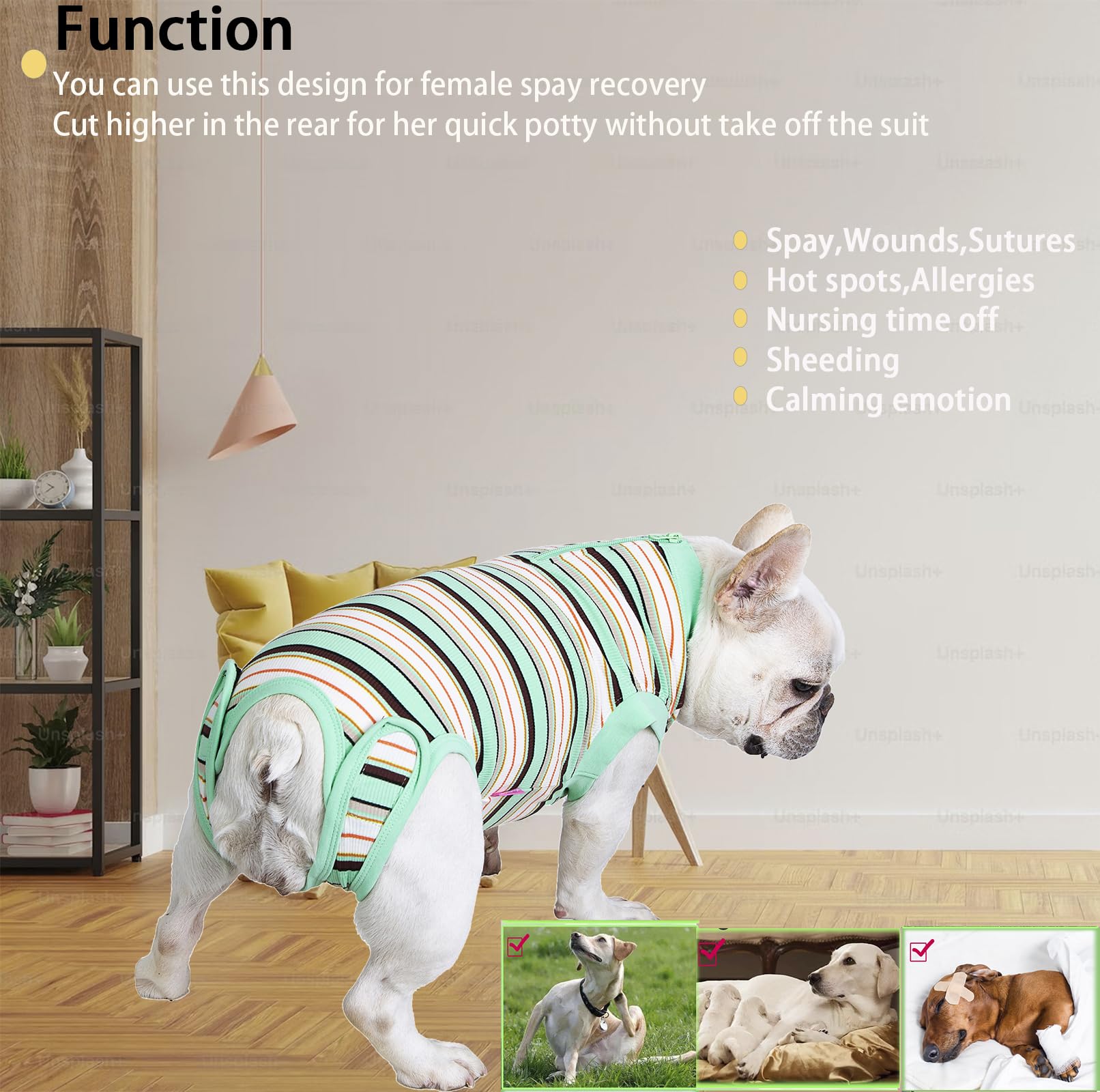 Wabdhaly Dog Surgery Recovery Suit,Surgical Recovery Suit for Large Female Dgos Spay,Zipper Closure,Combed Cotton Breathable Onesie,Multi Green Striped XX-Large