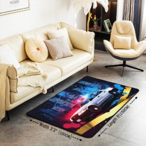 Police Car Area Rug 3x5 Cartoon Police Van Carpet for Teens Boys,Policeman Vehicle Car Accent Rug Set Red Blue Cop Lights Truck Rug Emergency Strobe Light Decor for Bedroom Playroom Living Room