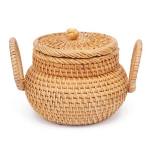 small rattan basket with lid, rattan basket organizer with handle, rattan snacks basket candy bowl rustic woven basket for shelf table office decor