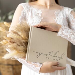 Wedding Guest Book With Personalized 2024 Year - Linen Photo Guestbook to Sign at Reception Party - Includes Clear Photo Corners Self Adhesive - 100 Pages Blank and Lined Thick Paper Guest Books